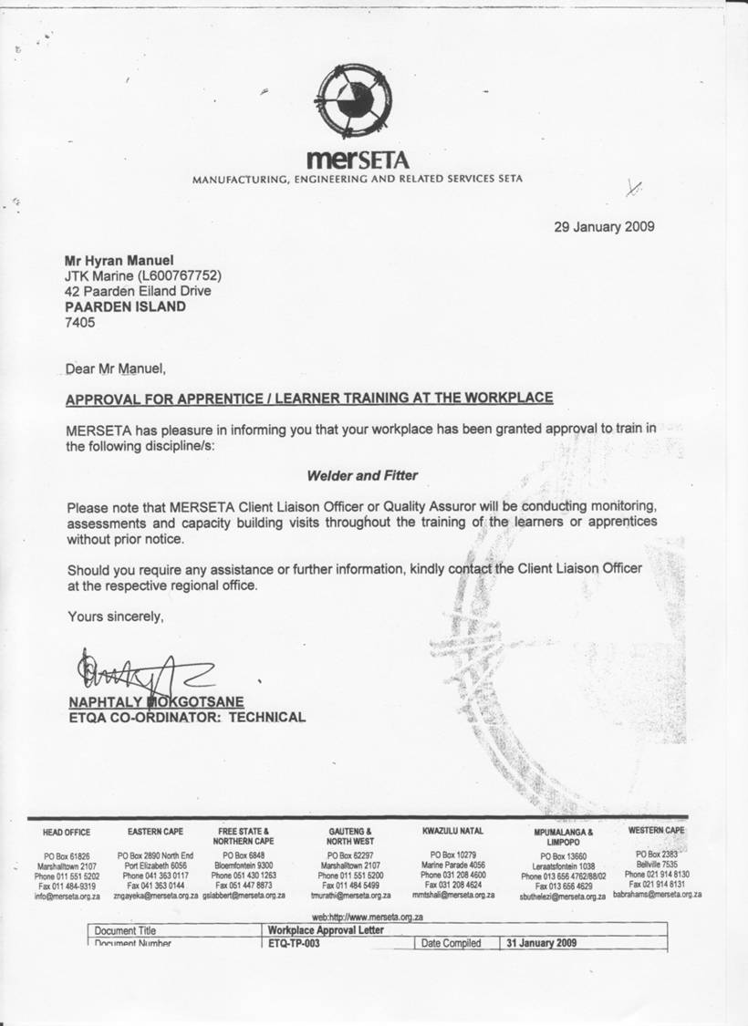 JTK Marine Engineering - Certificate